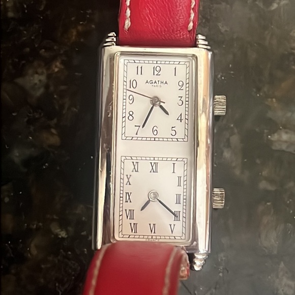 agatha | Accessories | Agatha Double Face Tank Silver Watch Red Leather ...